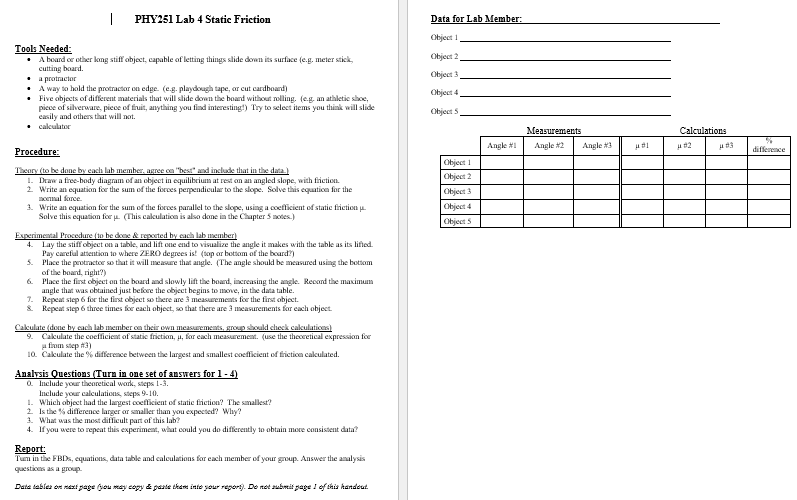 | PHY251 Lab 4 Static Friction Tools Needed: • A | Chegg.com