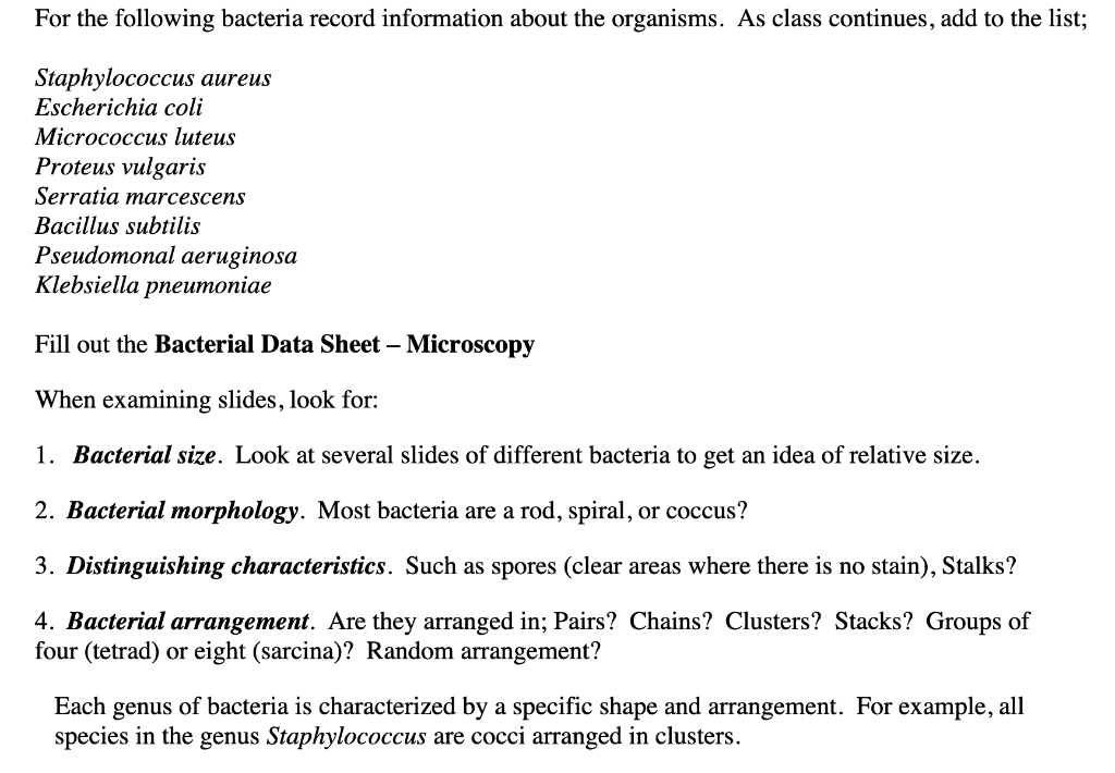 Solved For the following bacteria record information about | Chegg.com