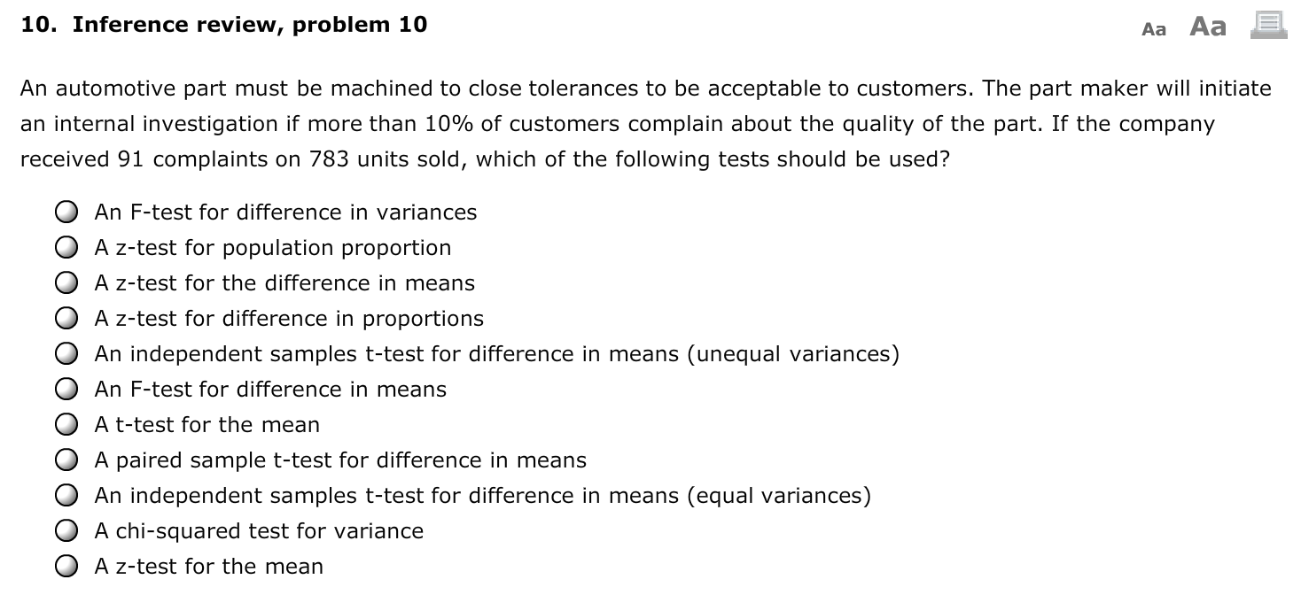 Solved 10. Inference review, problem 10 Aa Aa An automotive | Chegg.com