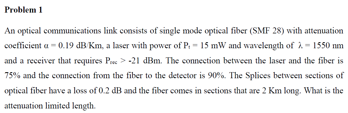 Problem 1 An optical communications link consists of | Chegg.com