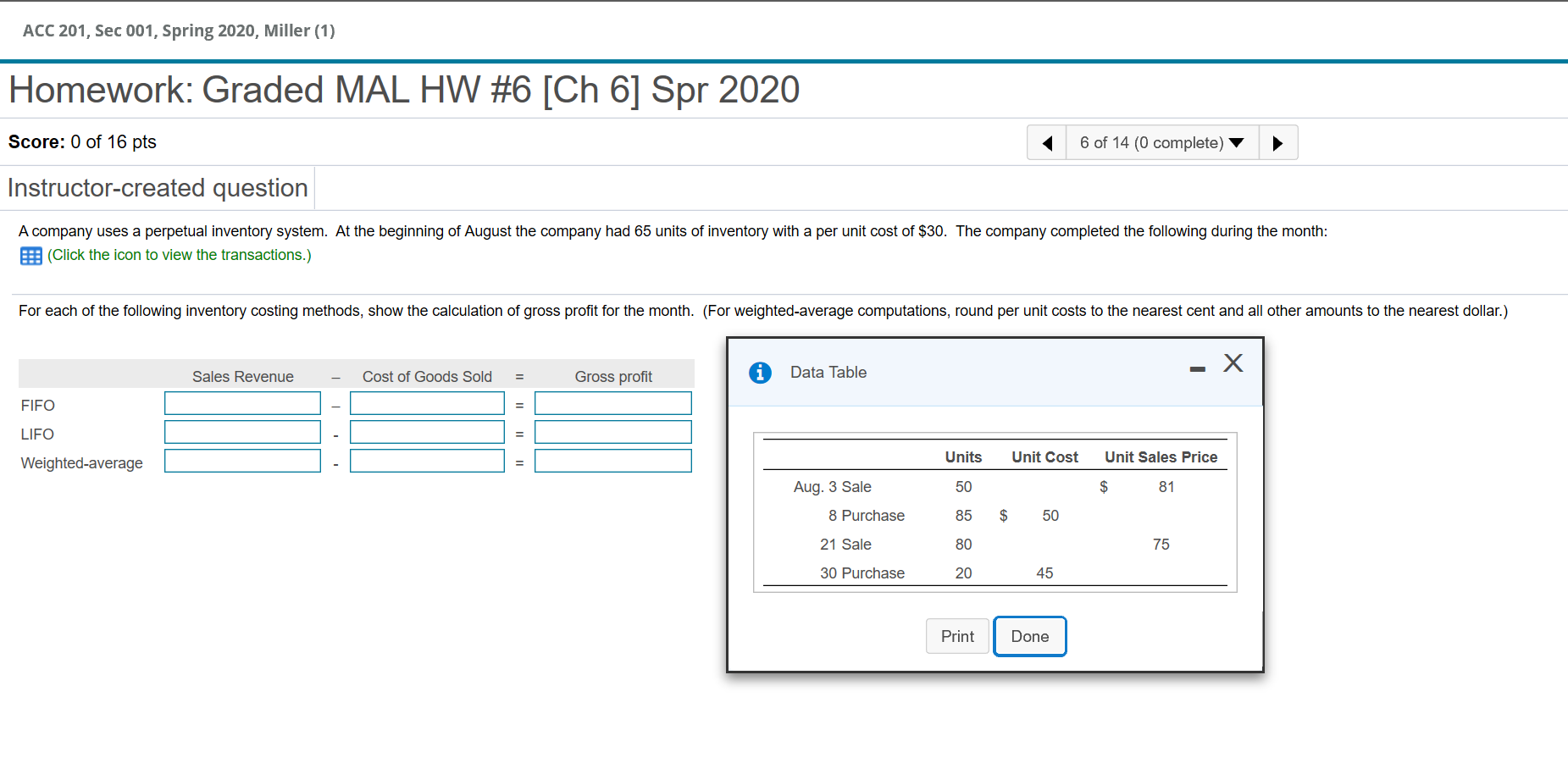 Solved ACC 201, Sec 001, Spring 2020, Miller (1) Homework: | Chegg.com