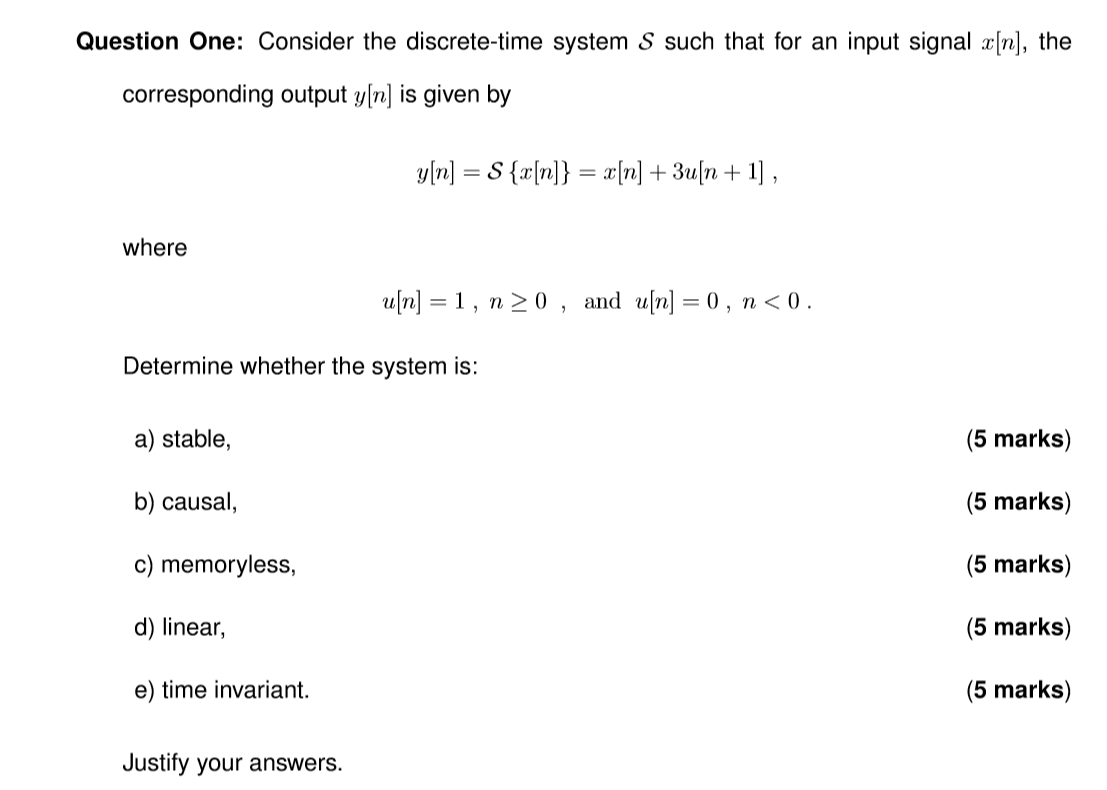 Solved Question One: Consider the discrete-time system S | Chegg.com