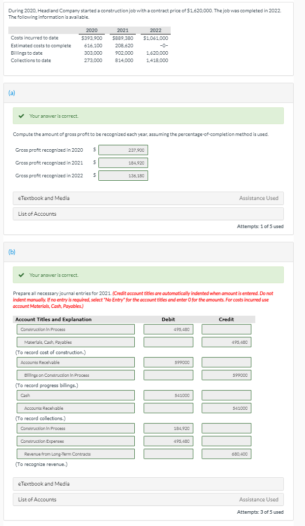 Solved During 2020, Headland Company started a construction | Chegg.com