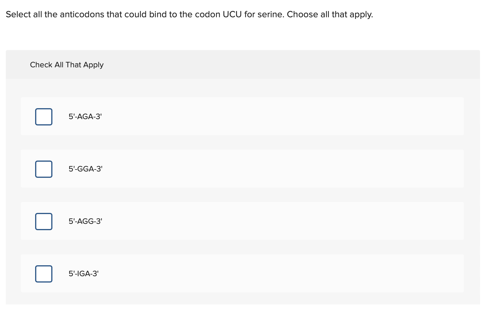 Solved Select All The Anticodons That Could Bind To The