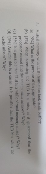 Solved 4. Virtual memory with TLB (translation look-aside | Chegg.com