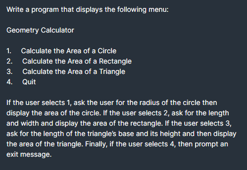 Solved Write a program that displays the following menu: | Chegg.com