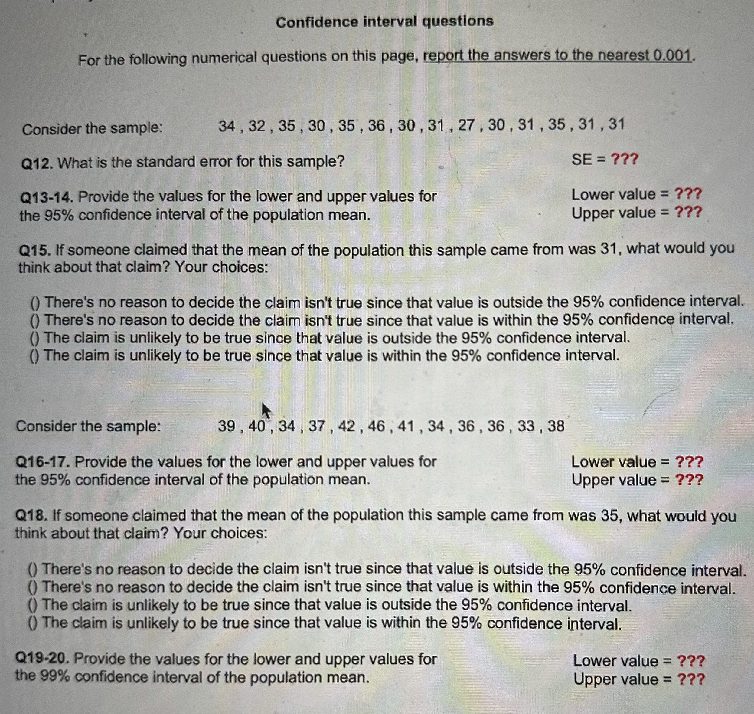 Solved Confidence interval questions For the following | Chegg.com