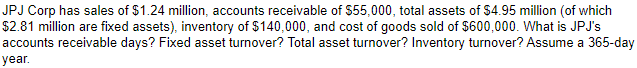 Solved JPJ Corp has sales of $1.24 ﻿million, accounts | Chegg.com