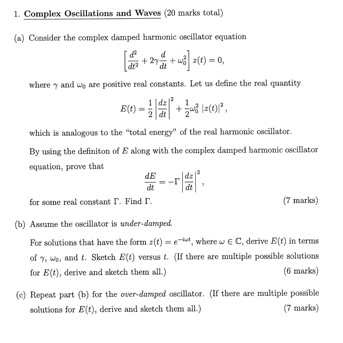 Solved 1. Complex Oscillations and Waves (20 marks total) | Chegg.com