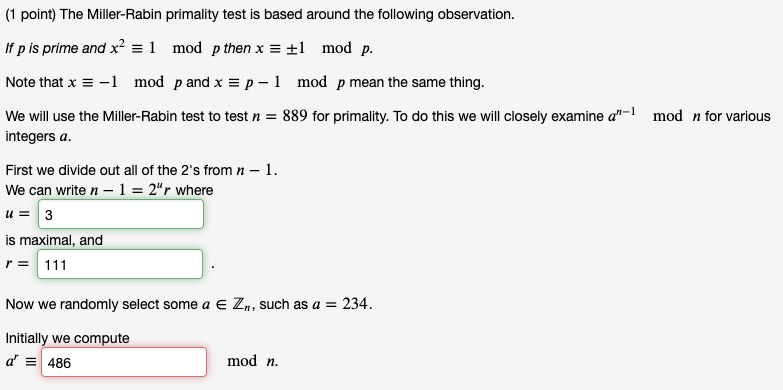 Solved (1 point) The Miller-Rabin primality test is based | Chegg.com