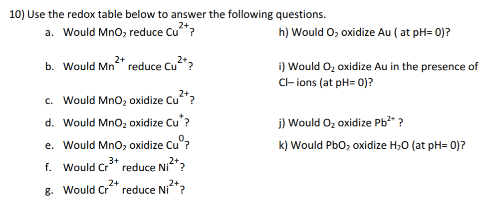 Solved 10) Use the redox table below to answer the following | Chegg.com