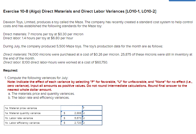 Solved Exercise 10-8 (Algo) ﻿Direct Materials and Direct | Chegg.com