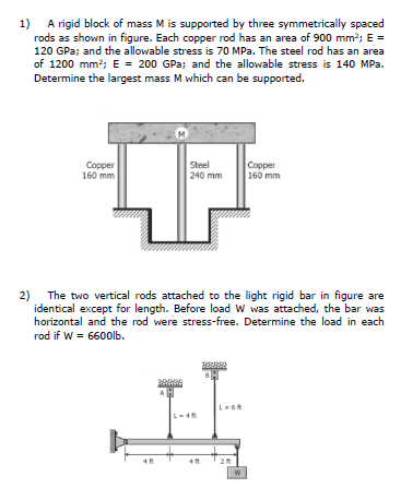 Solved 1) A rigid block of mass M is supported by three | Chegg.com