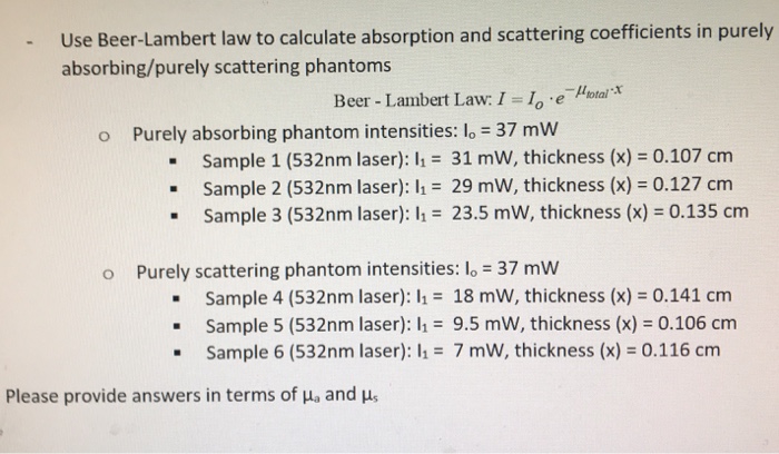 Solved Use Beer-Lambert law to calculate absorption and | Chegg.com