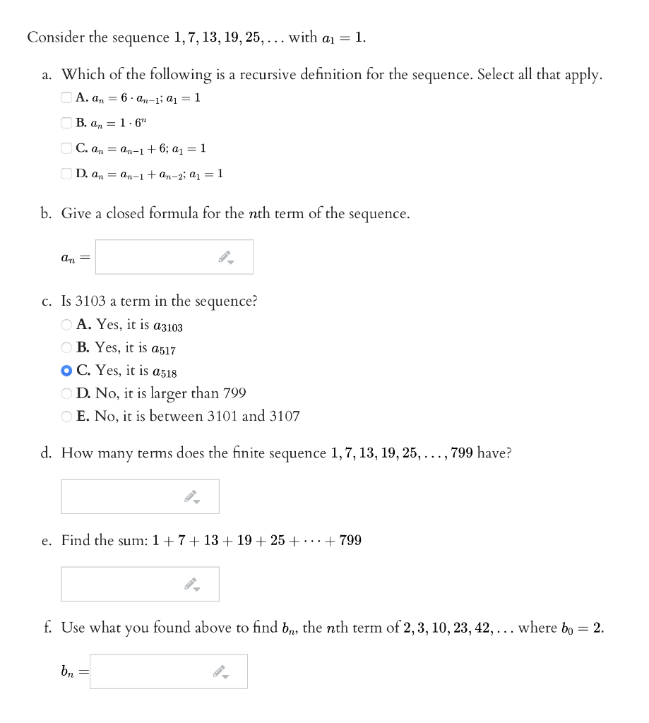 Solved Consider the sequence 1, 7, 13, 19, 25, ... with a1 = | Chegg.com