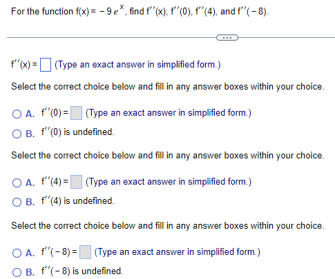 Solved For the function f(x)=−9ex, find | Chegg.com