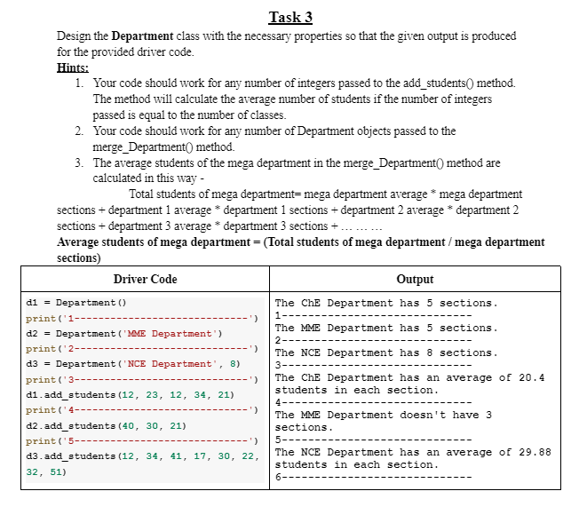 Solved Task 3 Design the Department class with the necessary | Chegg.com