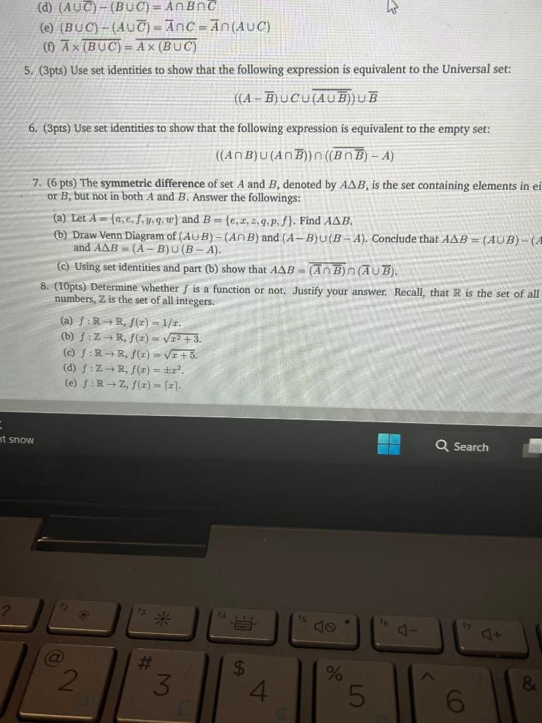 Solved (d) (A∪Cˉ)−(B∪C)=A∩B∩Cˉ (e) | Chegg.com