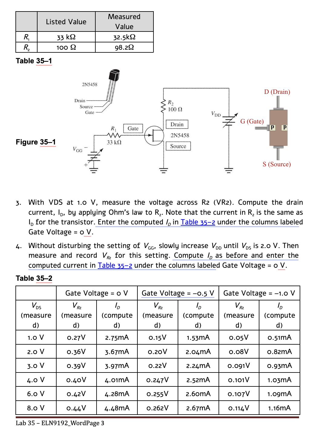 Solved Table 35-1 Figure 35-1 3. With VDS at 1.0 V, measure | Chegg.com