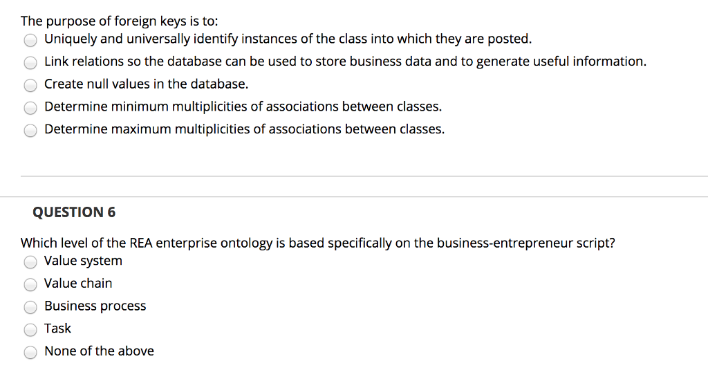 Solved The purpose of foreign keys is to: Uniquely and | Chegg.com