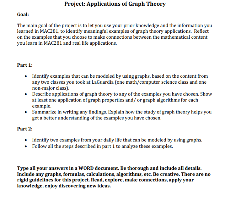 Project: Applications of Graph Theory Goal: The main | Chegg.com
