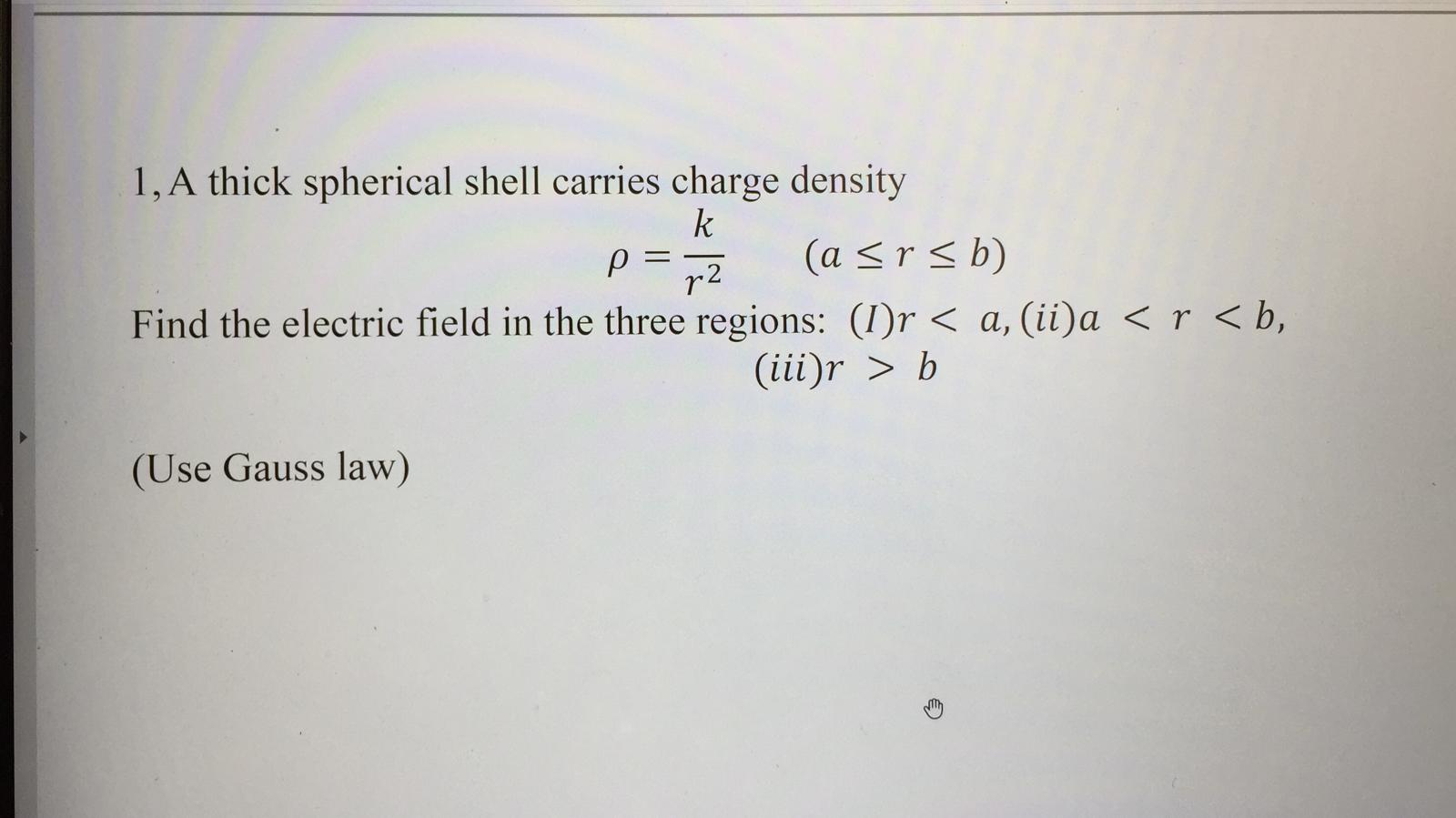 Solved 1, A thick spherical shell carries charge density k | Chegg.com
