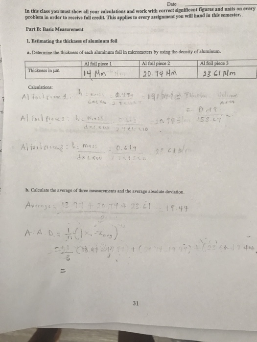 Date Part B: Basic Measurement Aluminum Foils | Chegg.com