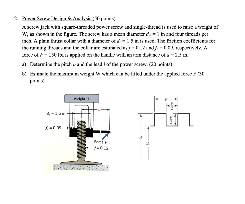 Solved 2. Power Screw Design & Analysis (50 points) A screw | Chegg.com