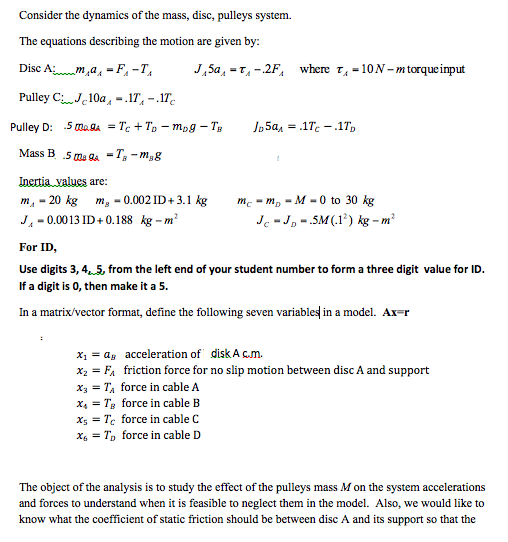 Consider the dynamics of the mass, disc, pulleys | Chegg.com