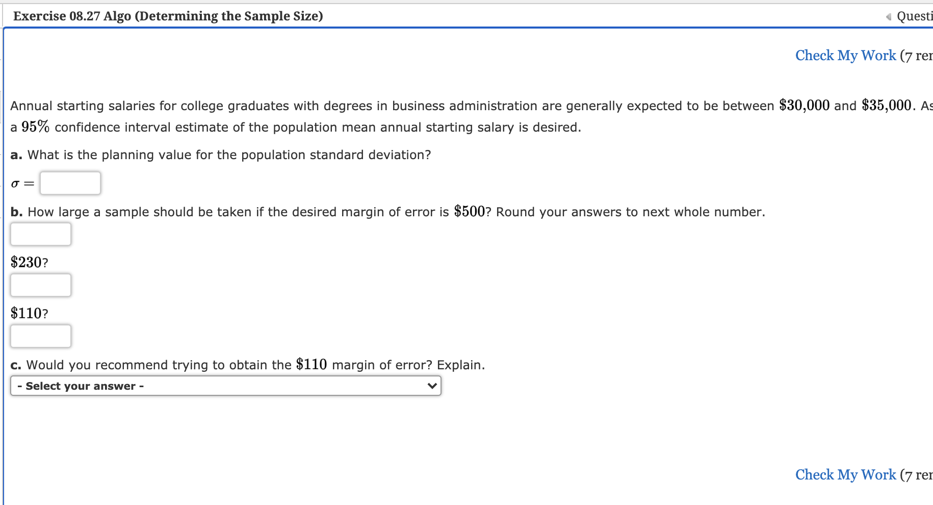 Solved Exercise 08.27 Algo (Determining the Sample Size) | Chegg.com