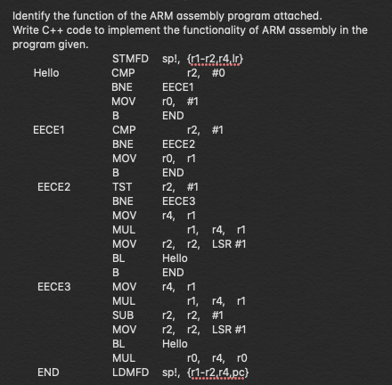 Solved Identify the function of the ARM assembly program | Chegg.com