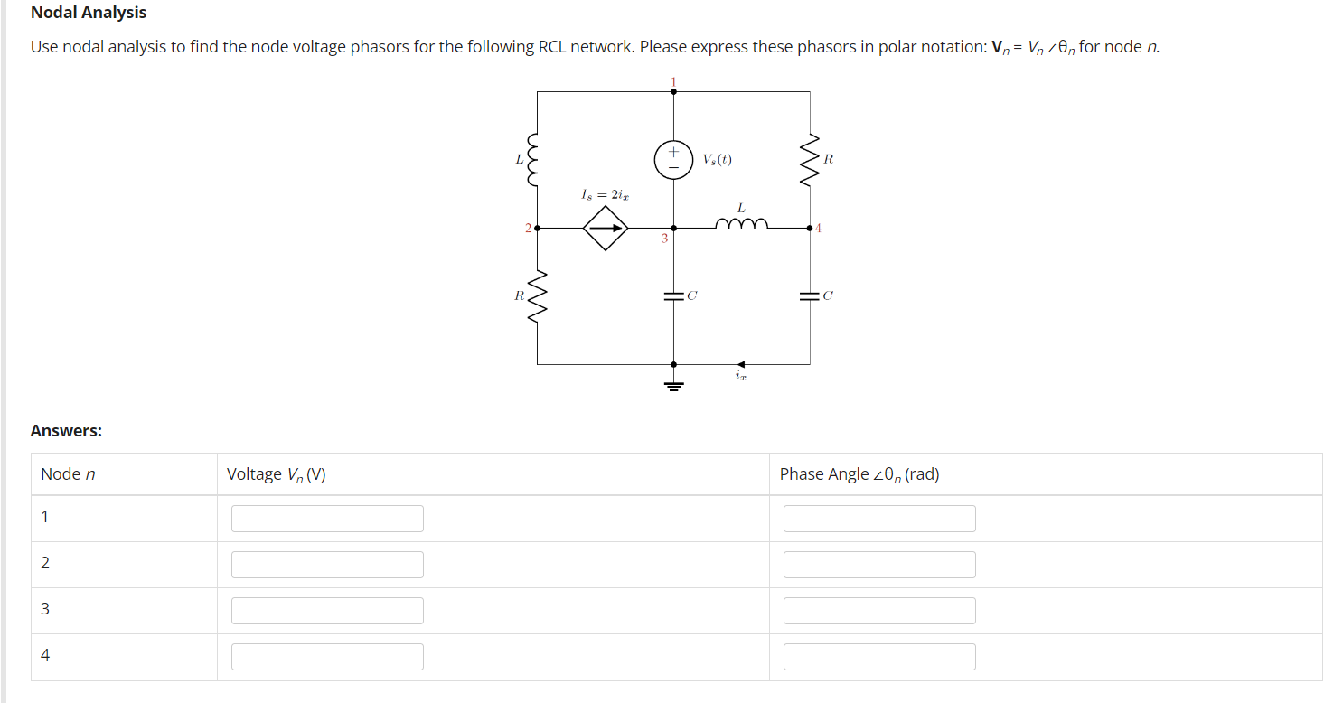 Solved w = 210 krad/s Vs(t) = 10cos(wt) V R = 10 kohm C = | Chegg.com