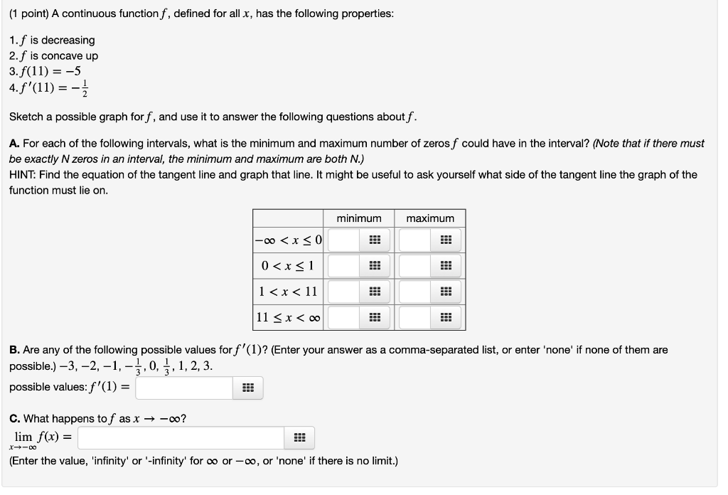 Solved (1 point) A continuous function f, defined for all x, | Chegg.com