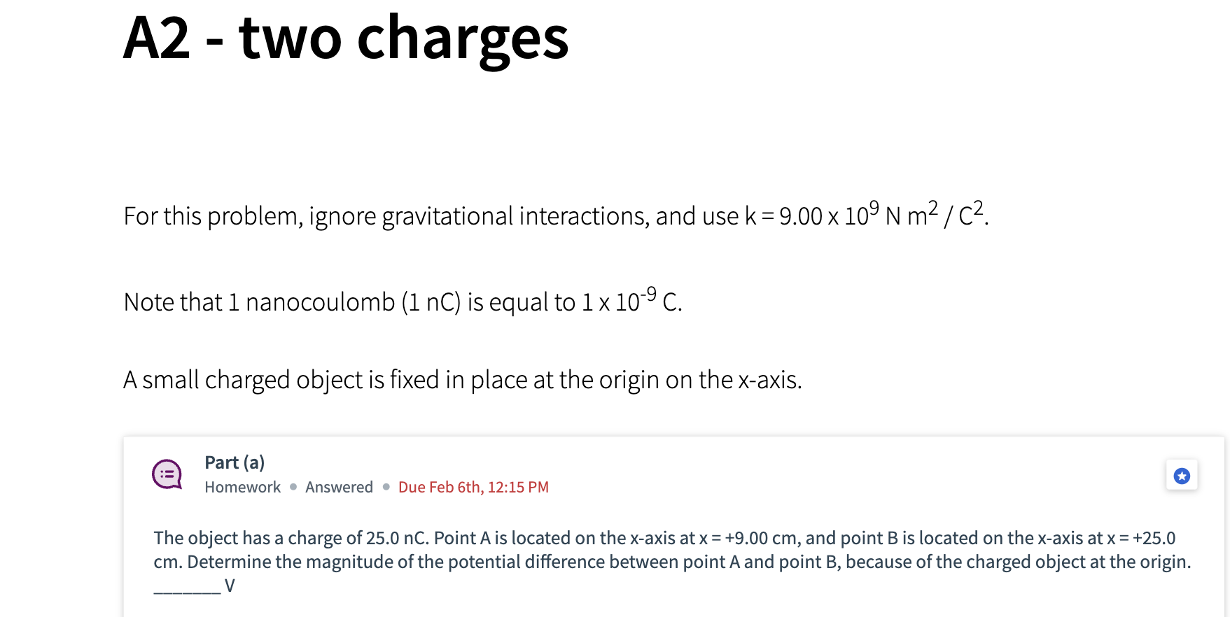 Solved Part (a)Homework * ﻿Answered * ﻿Due Feb 6th, 12:15 | Chegg.com
