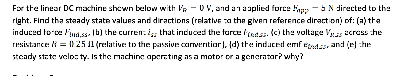 Solved For the linear DC machine shown below with VB = 0 V, | Chegg.com