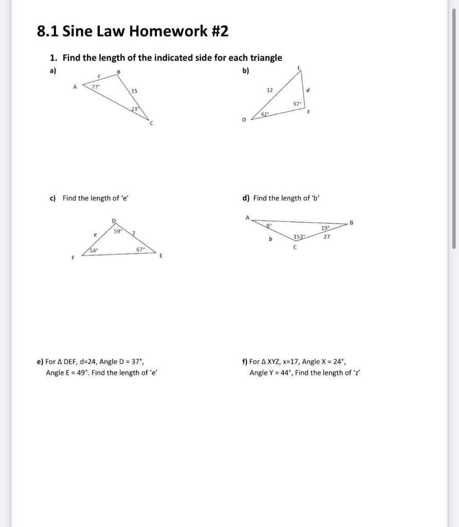 Solved 8.1 Sine Law Homework #2 1. Find the length of the | Chegg.com