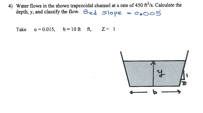 Solved 4) Water flows in the shown trapezoidal channel at a | Chegg.com