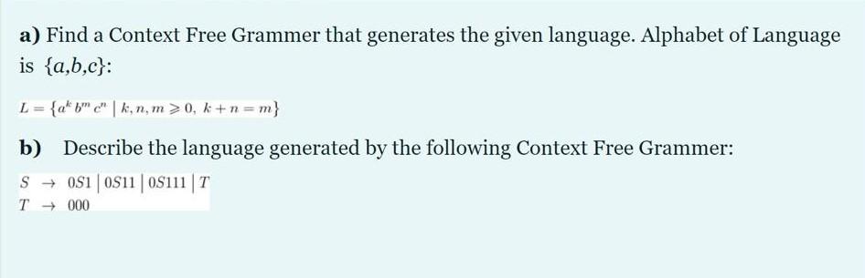 Solved a) Find a Context Free Grammer that generates the | Chegg.com