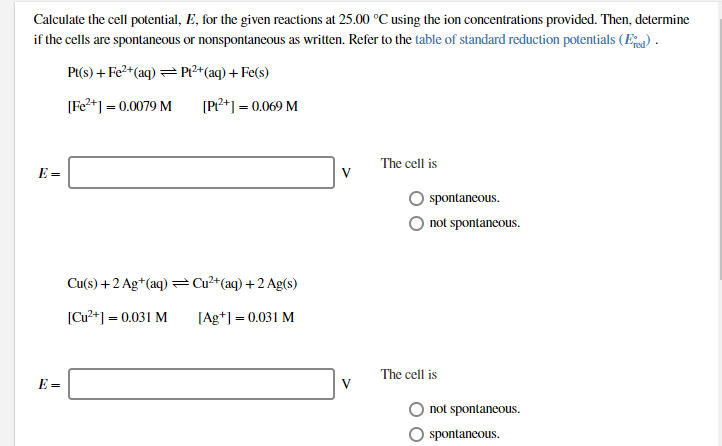 Solved Calculate The Cell Potential E For The Given