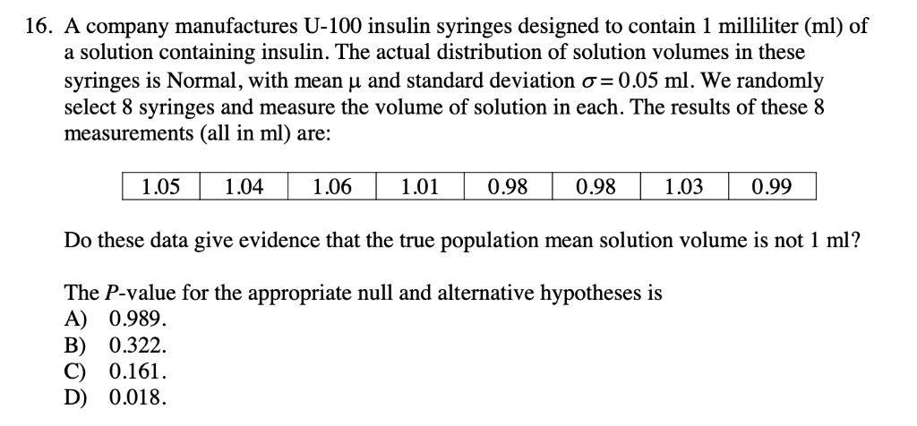 Solved 16. A company manufactures U-100 insulin syringes | Chegg.com