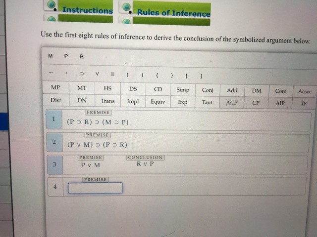 Solved Instructions Rules of Inference Use the first eight | Chegg.com Solved Instructions Rules of Inference Use the first eight | Chegg.com