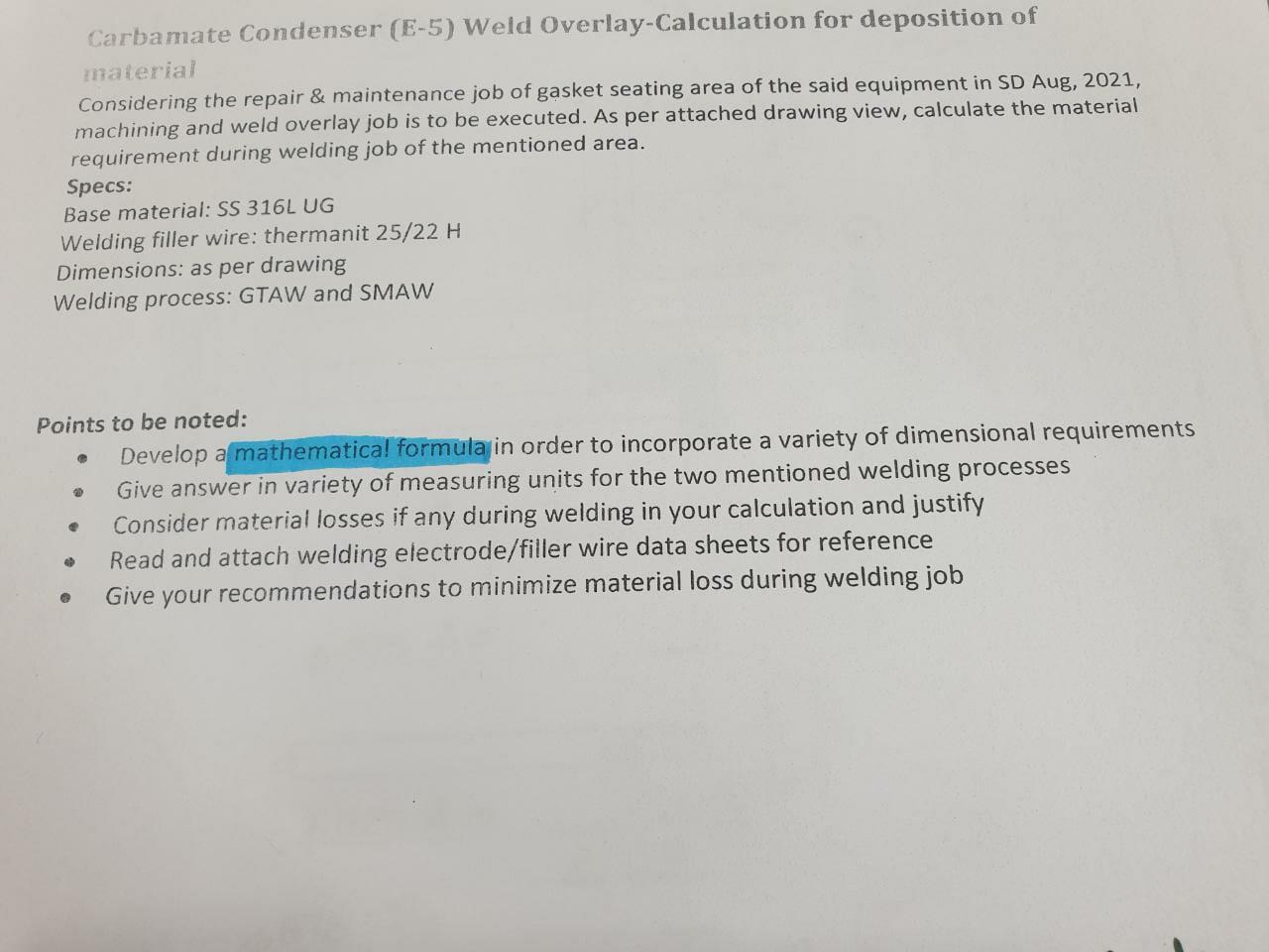 Carbamate Condenser (E-5) Weld Overlay-Calculation | Chegg.com