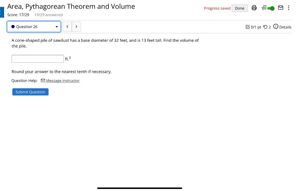 Solved Area, Pythagorean Theorem and Volume Progress saved | Chegg.com