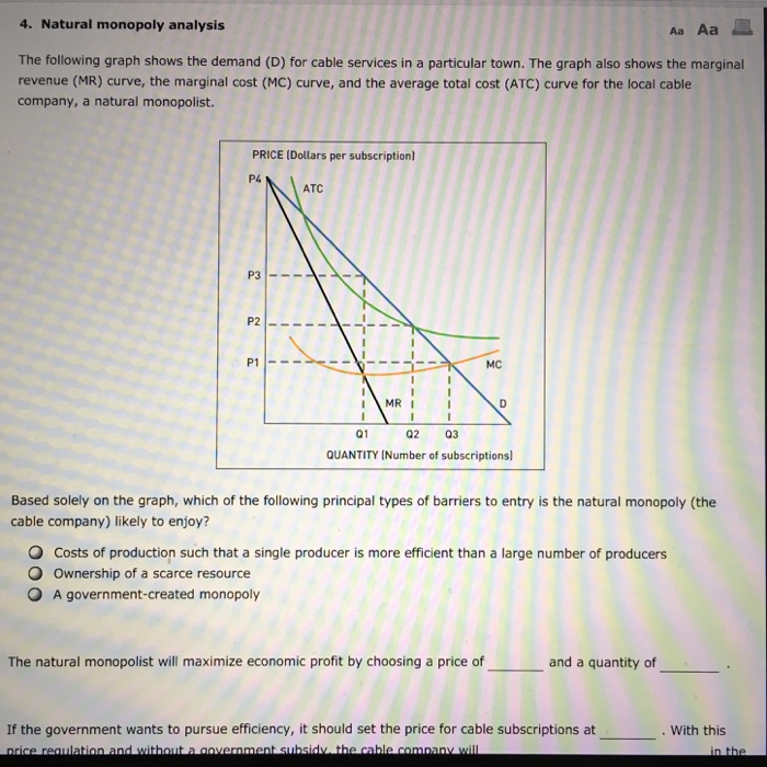 Solved 4. Natural monopoly analysis Aa Aa The following | Chegg.com
