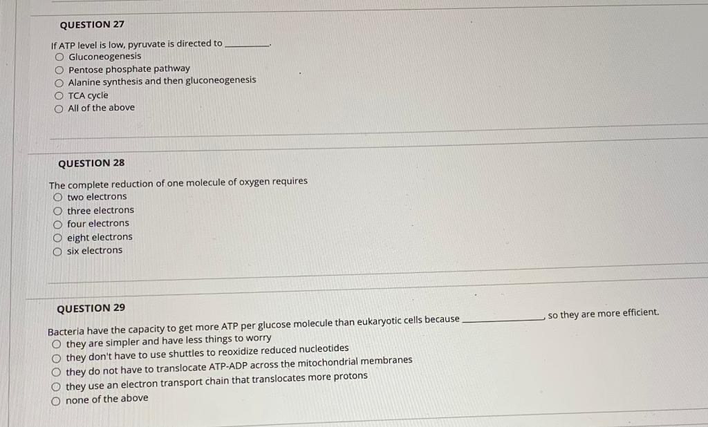 Solved QUESTION 27 If ATP level is low, pyruvate is directed | Chegg.com