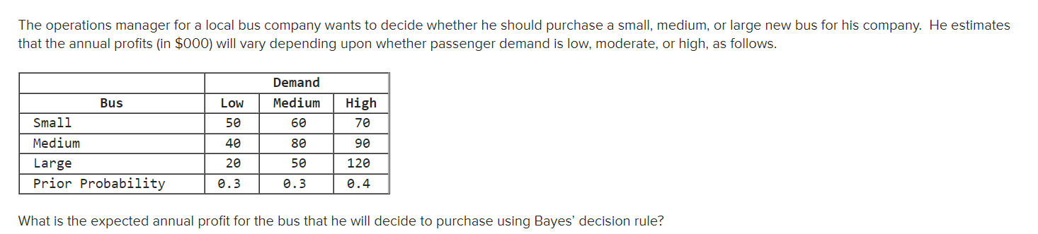 Solved The operations manager for a local bus company wants | Chegg.com