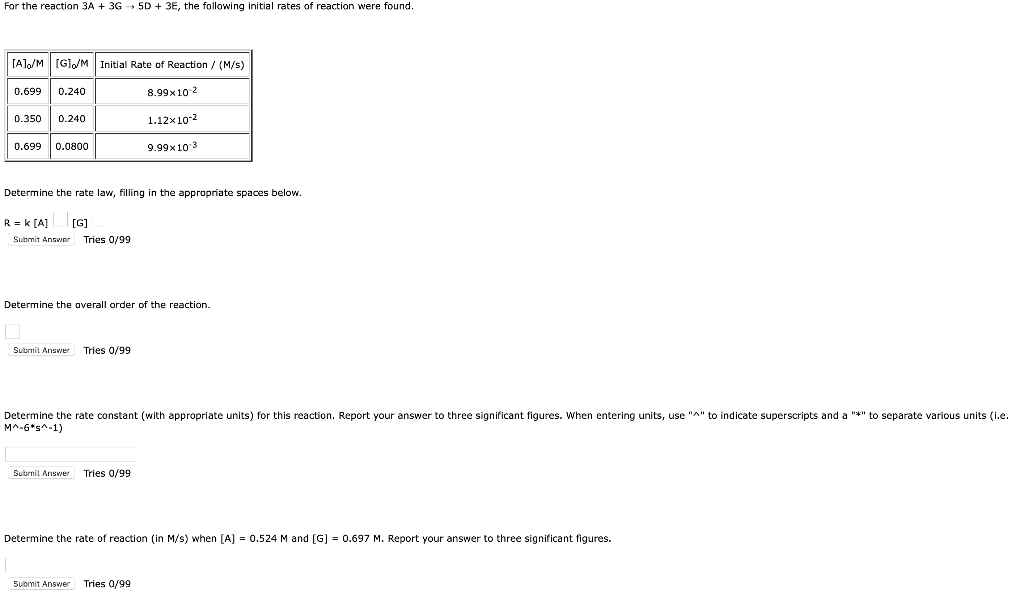 Solved For the reaction 3A + 3G5D + 3E, the following | Chegg.com