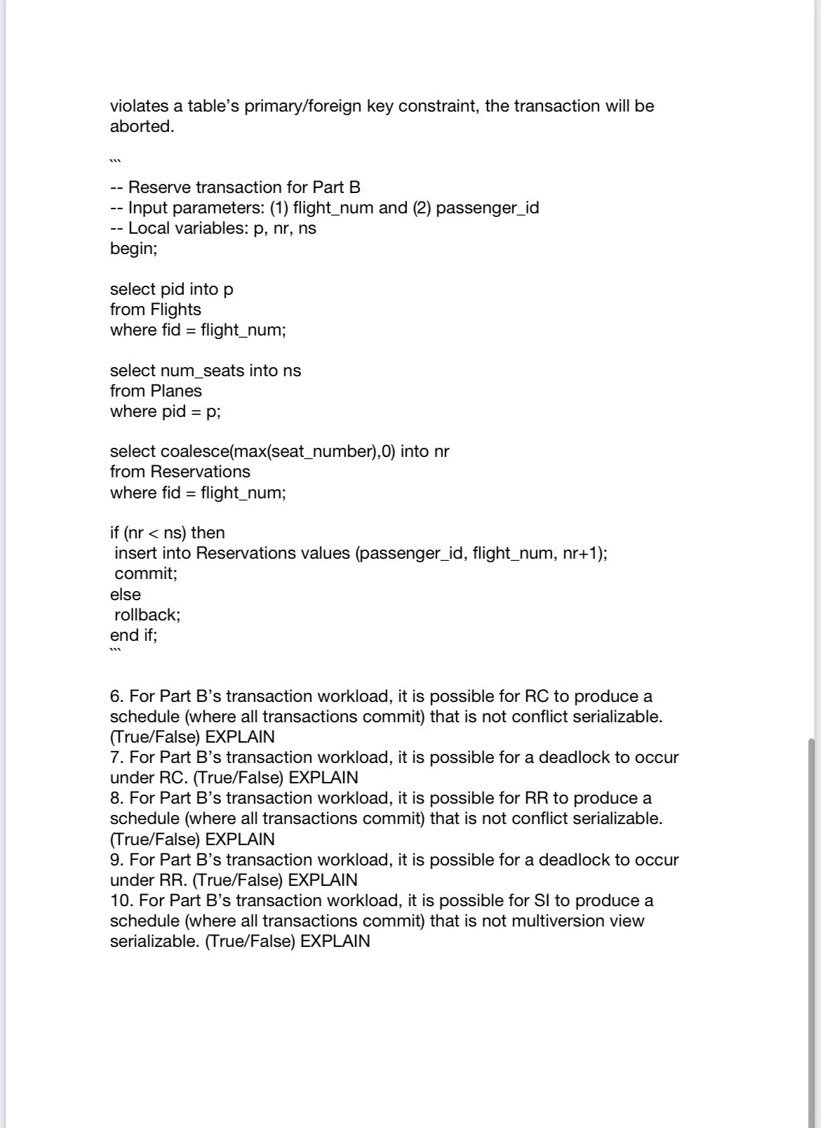 Solved Part B: Database Schema \& Transaction Workload This | Chegg.com