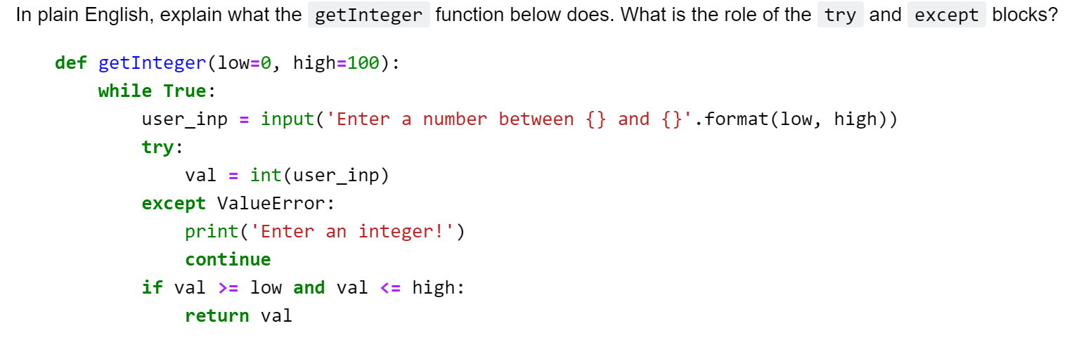 Solved In plain English, explain what the getInteger | Chegg.com