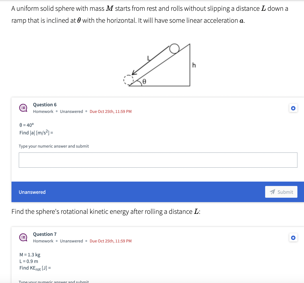 Solved A uniform solid sphere with mass M starts from rest | Chegg.com